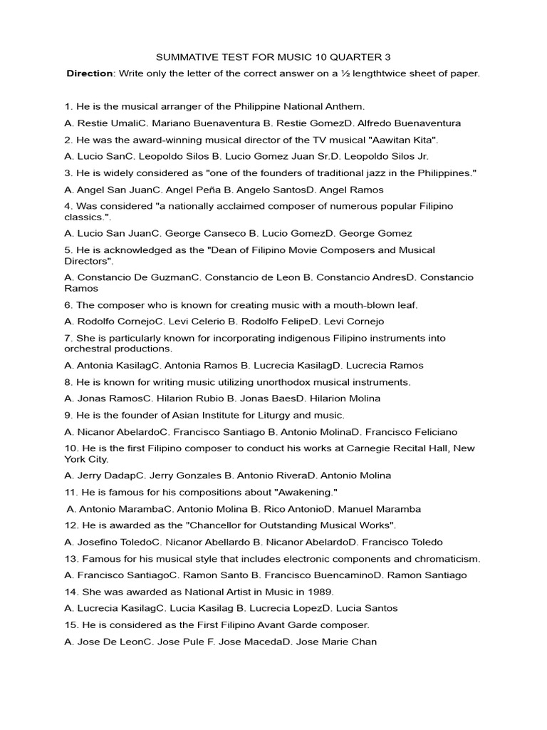 Final Summative Test For Music 10 Quarter 3 | PDF | Composers ...