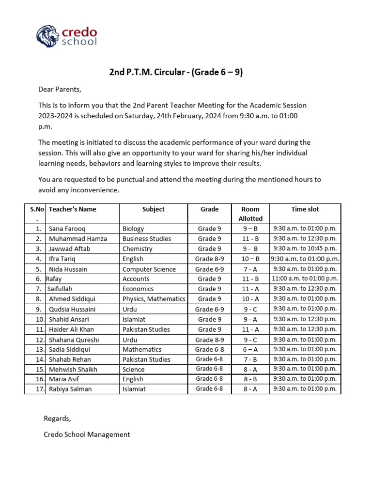 2nd PTM Circular and Layout Teachers' | PDF