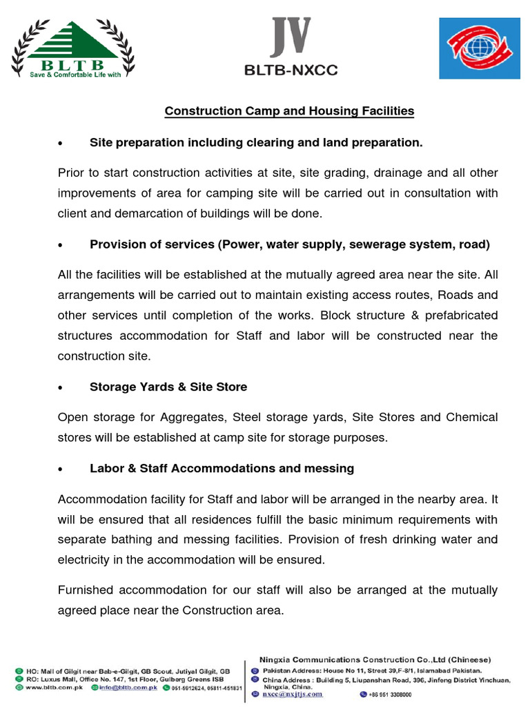 BLTB Construction Camp & Housing Facilities | PDF