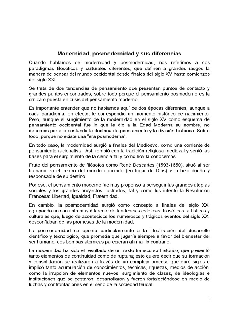 Diferencias entre modernidad y posmodernidad | PDF | Modernidad ...