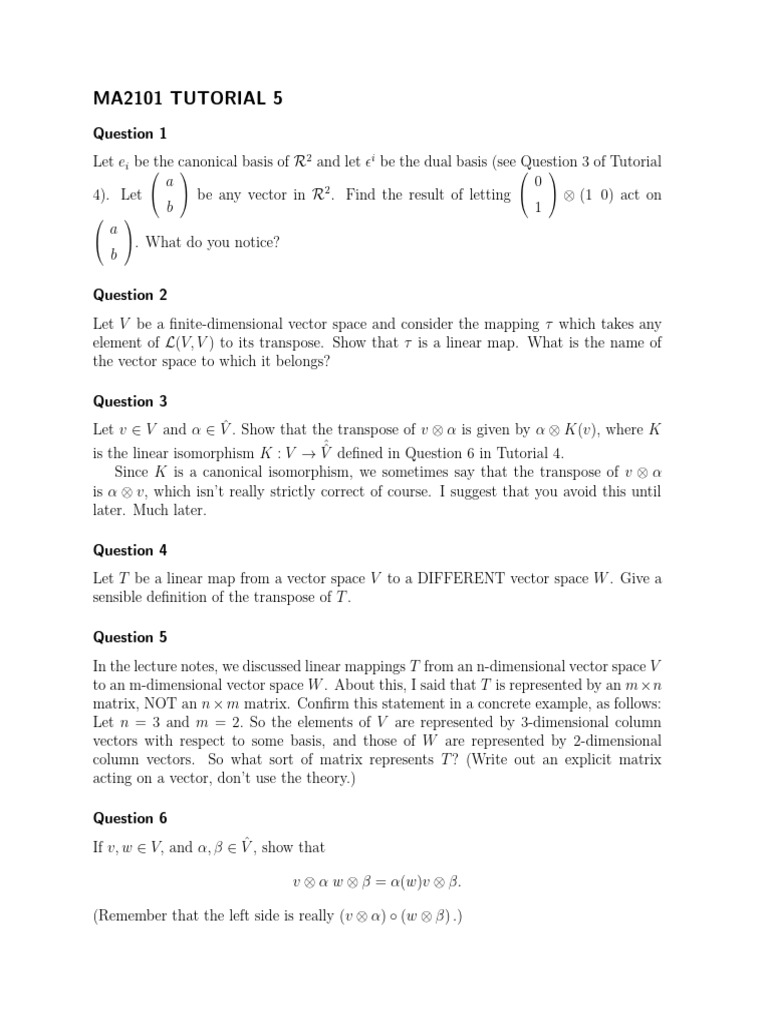 MA2101 Tutorial 5 | PDF | Matrix (Mathematics) | Linear Map