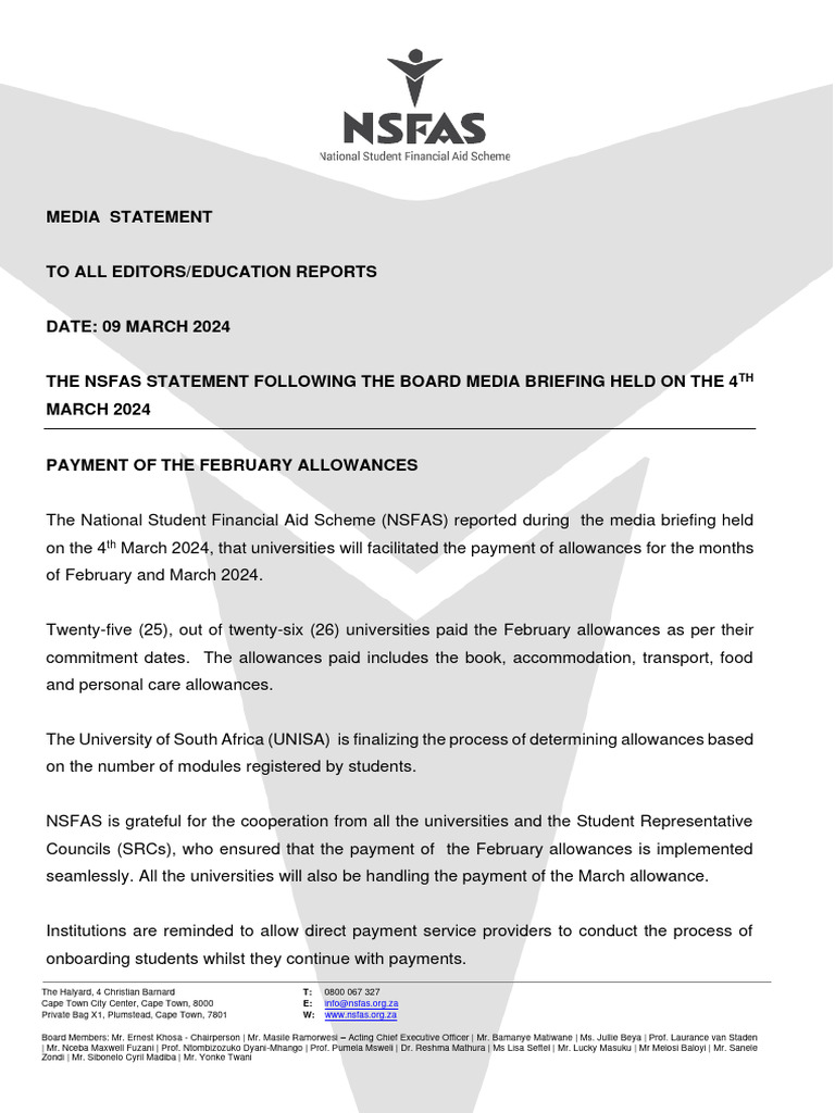 NSFAS February 2024 Allowance Update | PDF | Government