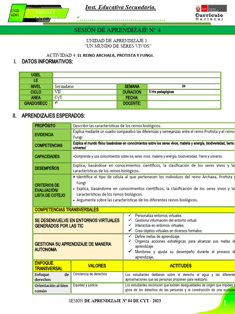 D1º SES-ACT 4-CYT U1 SEM 4 | PDF | Archaea | Aprendizaje