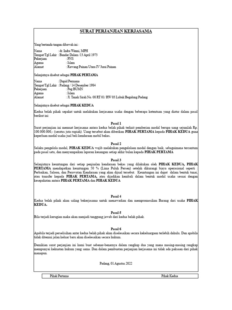 Surat Perjanjian Kerjasama Bagi Hasil 3 | PDF