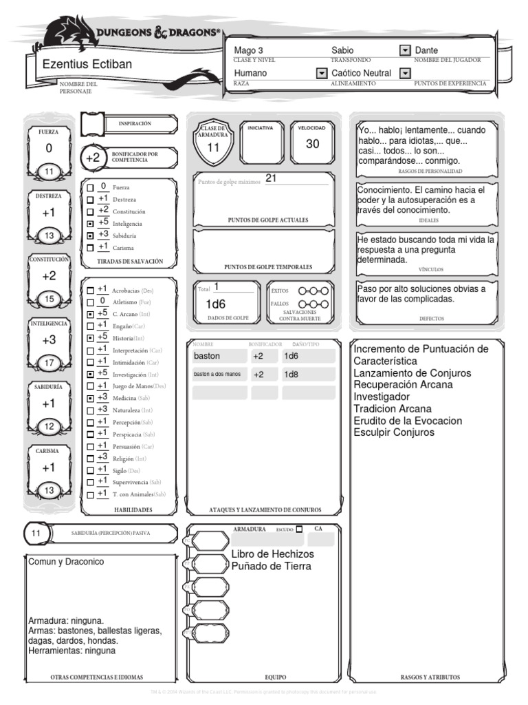 Ficha de Personaje: Ezentius Ectiban | PDF