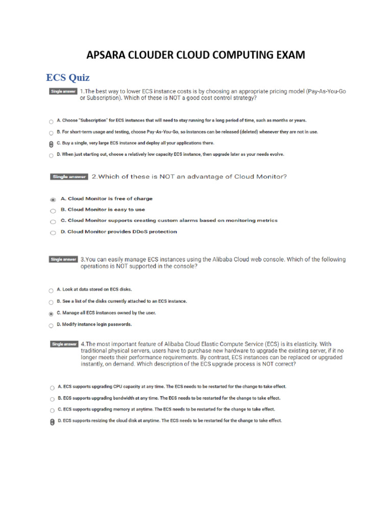 Apsara Clouder Cloud Computing Exam Quiz | PDF