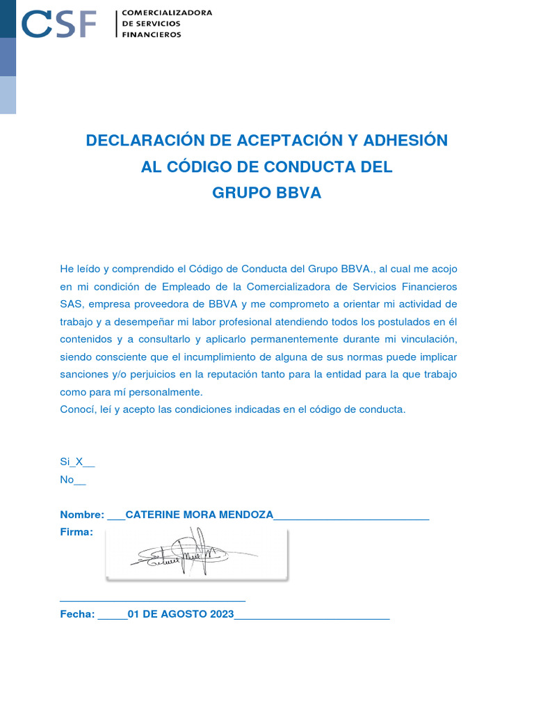 Acta Adhesión Al Código de Conducta | PDF