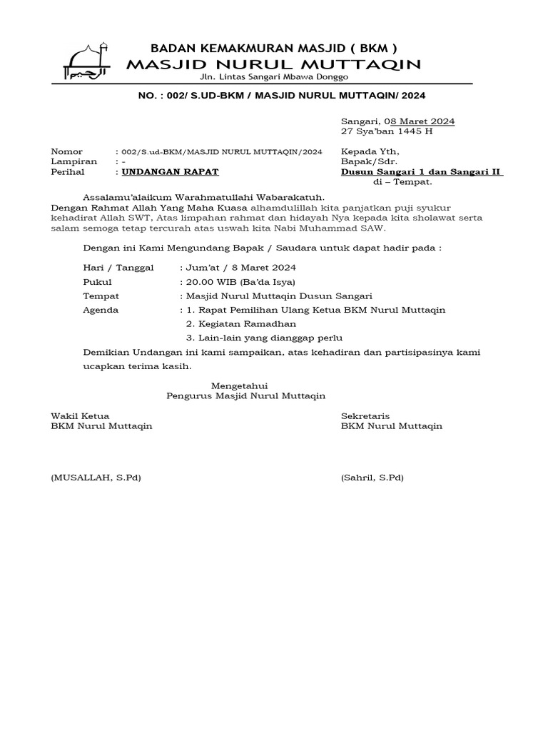 Surat Undangan Rapat Pemilihan Ulang Ketua BKM | PDF Surat Undangan Rapat Pemilihan Ulang Ketua BKM | PDF