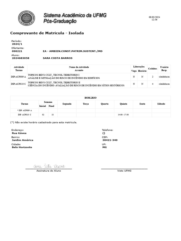 Comprovante de Matrícula em Isolada - SARA COSTA BARROS | PDF