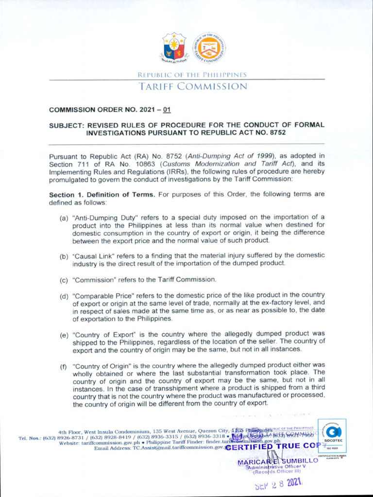 Commission Order No. 2021 1 AD | PDF | Dumping (Pricing Policy) | Commercial Policy