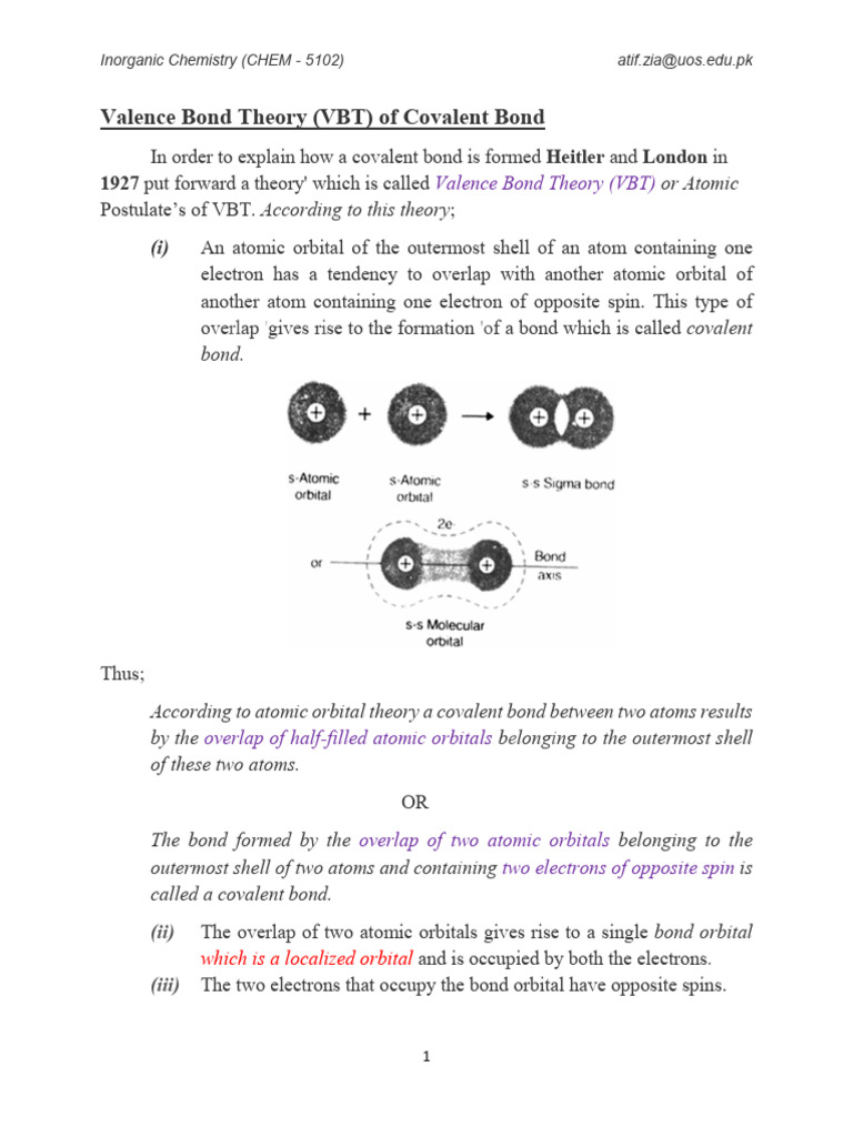 Valence Bond Theory VBT | PDF | Chemical Bond | Molecular Orbital