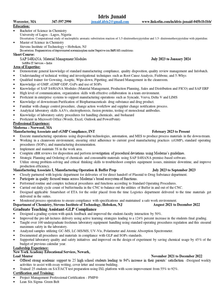 Idris Junaid - RESUME 2024 | PDF | Laboratories