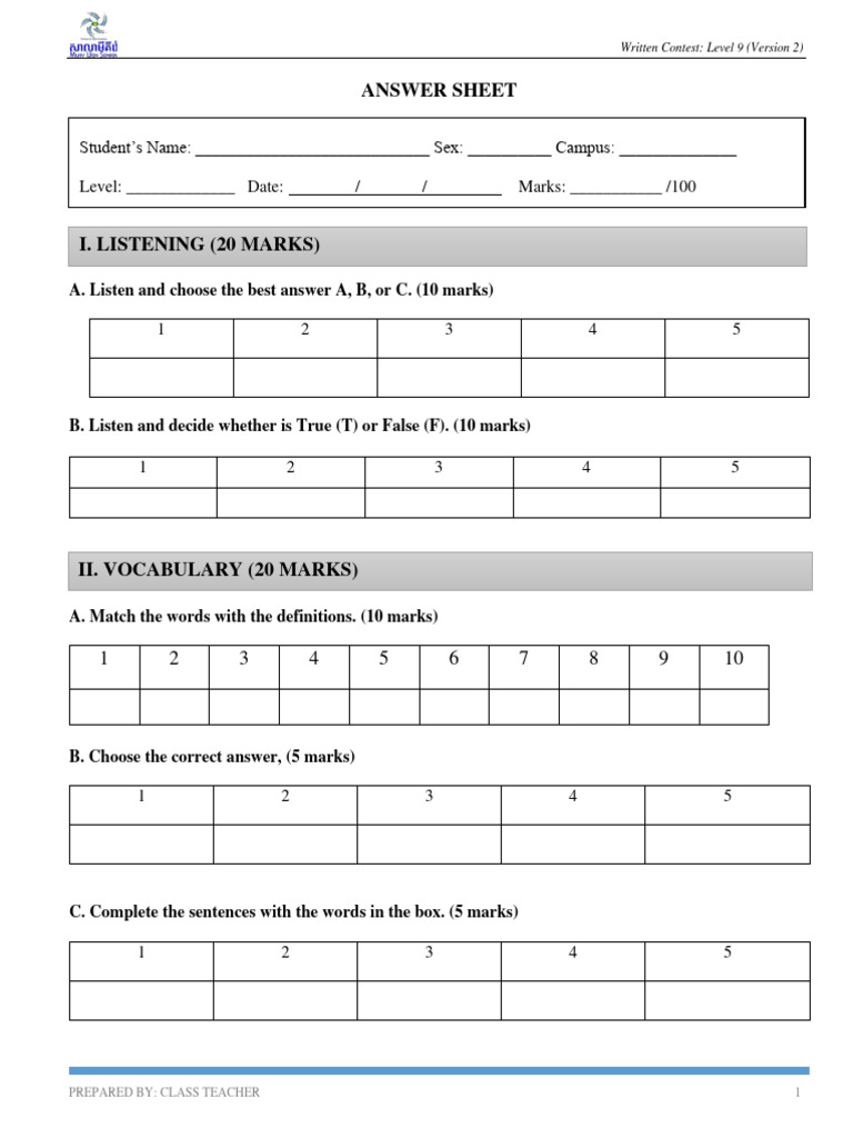 PLE-9 Answer Sheets | PDF | Grammar | Linguistics