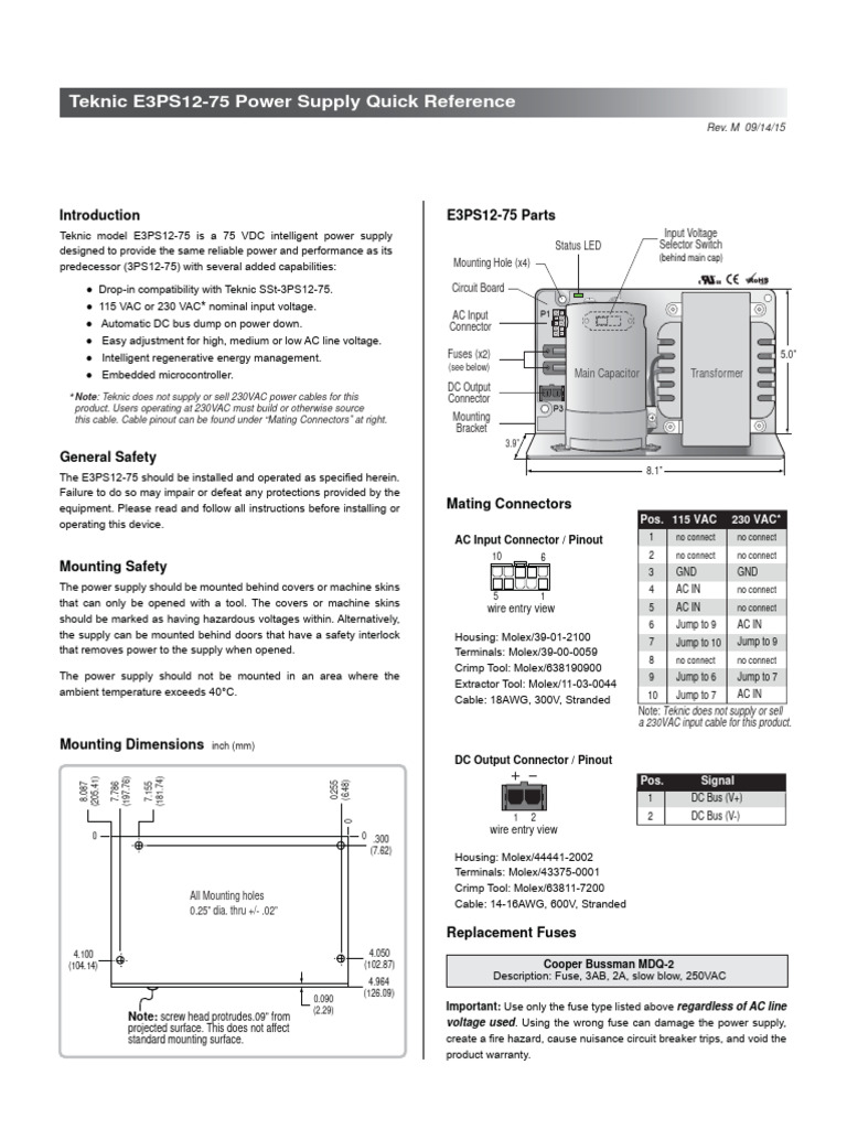 Teknic E3PS12-75 Power Supply Quick Reference | PDF | Power Supply | Alternating Current