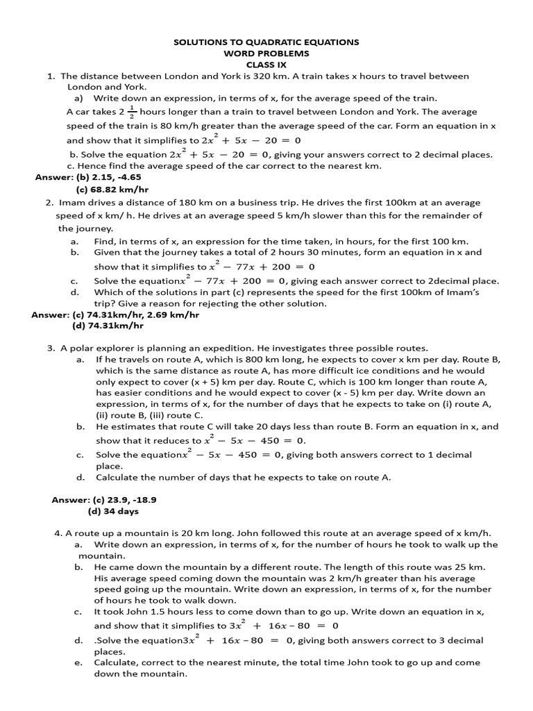 Quadratic Equation Word Problems | PDF | Speed | Equations