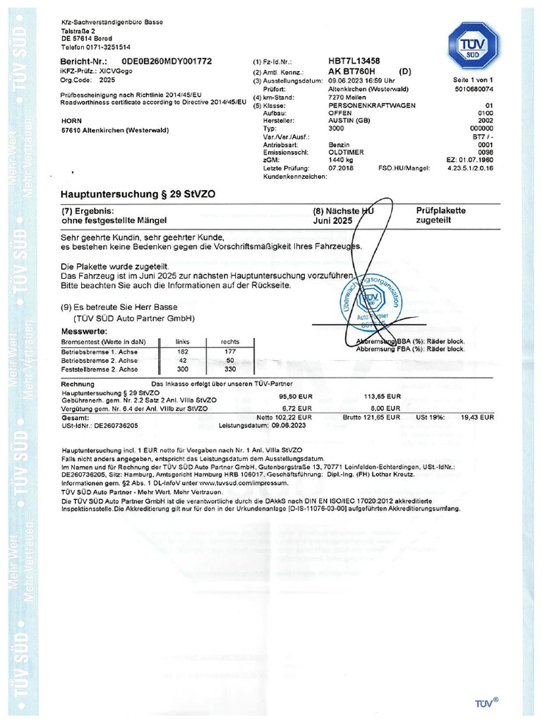 TÜV Bericht Austin Healey | PDF