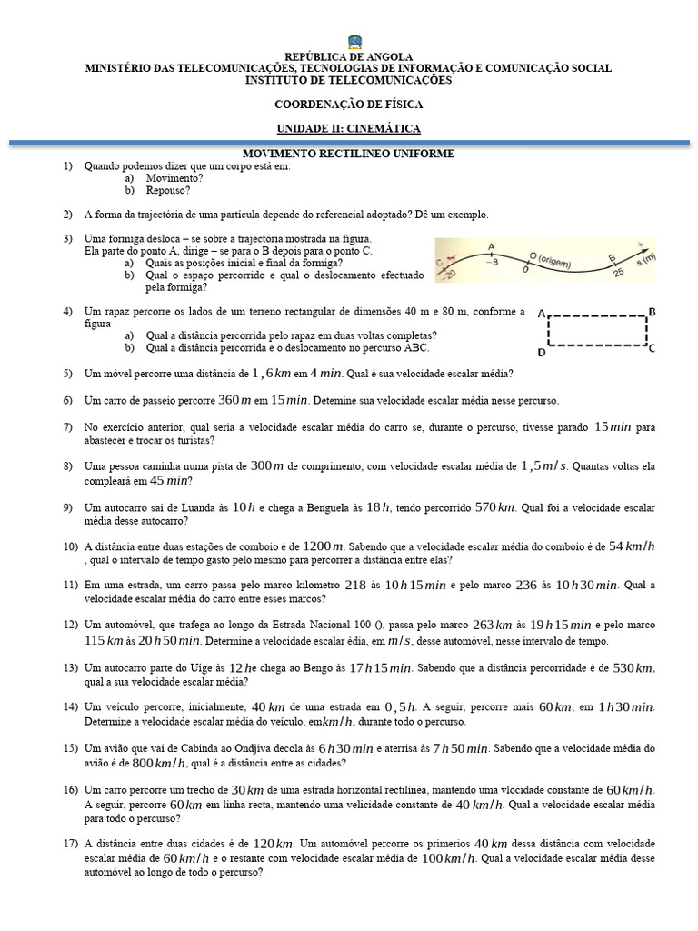 Exercícios de Movimento Rectilíneo Uniforme v1 Do ITEL | PDF ...