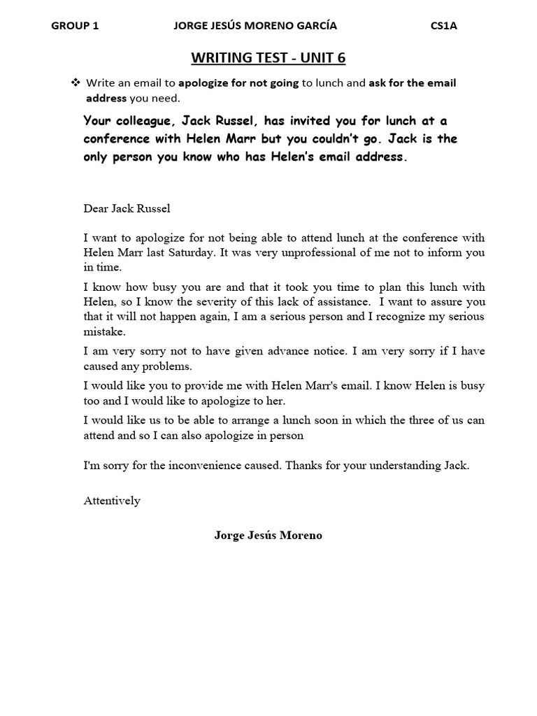 Jorge Jesús Moreno García - Writing Test. Cs1a Unit 6 | PDF