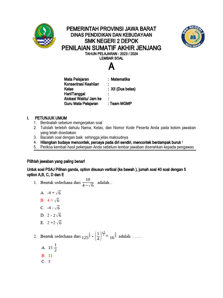 Soal Matematika Kelas XII | PDF