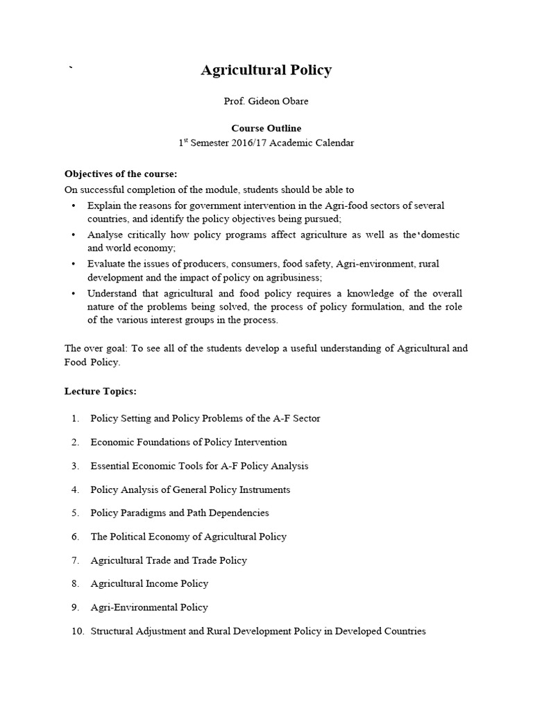 Agec 451 - Agricultural Policy Course Outline-1 | PDF | Policy | Agricultural Policy