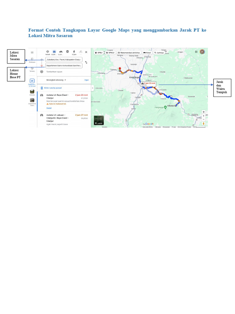 Format Contoh Tangkapan Layar Google Maps yang menggambarkan Jarak PT ...
