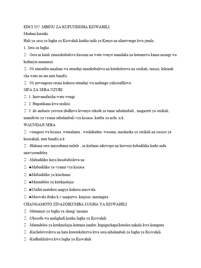 Kle 6201 Kiswahili Teaching Methods | PDF