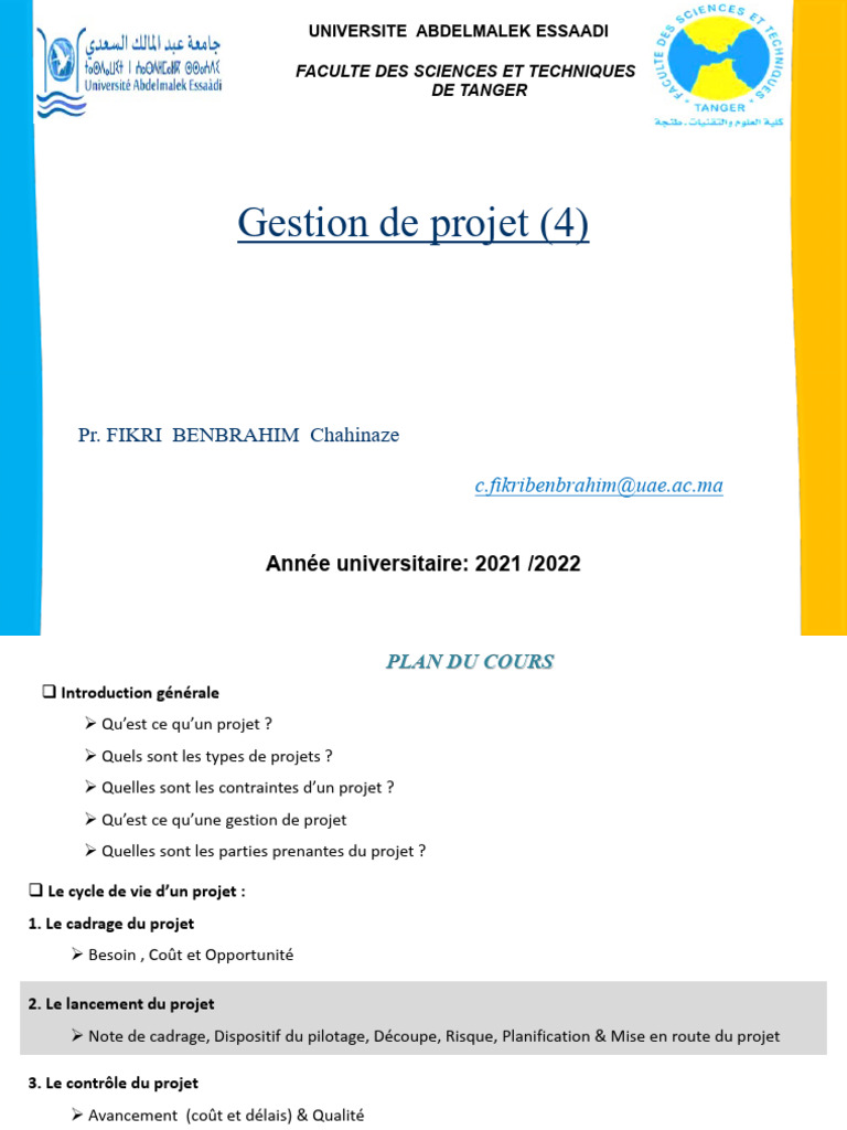 FSTT Gestion de Projet Complet 2022 - ETUD4 | PDF | Gestion de projet | Planification