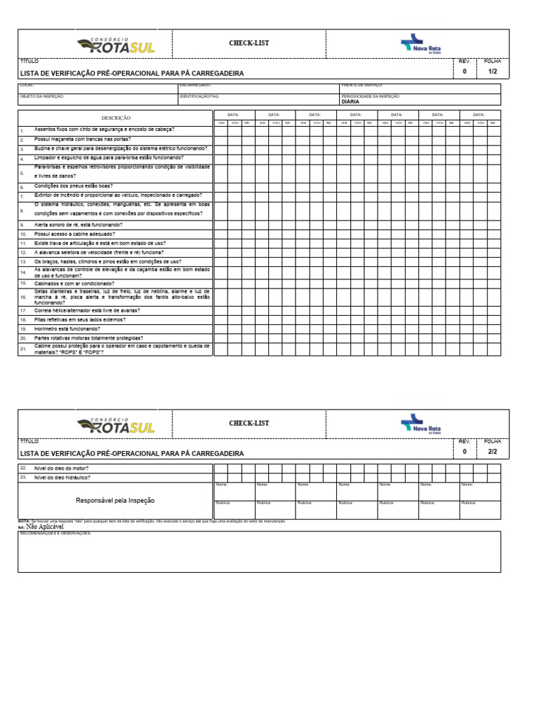 Check-list Pré-Operacional Pá Carregadeira | PDF