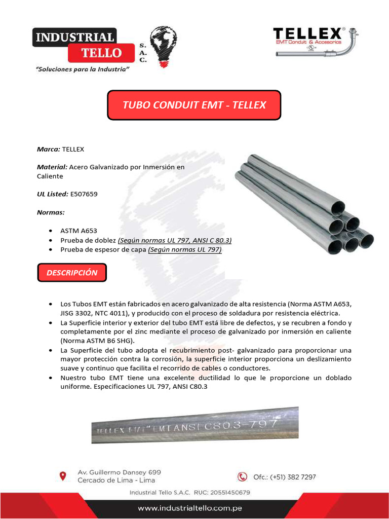 Ficha Tecnica Tubo Conduit EMT Tellex | PDF | Materiales | Sustancias químicas