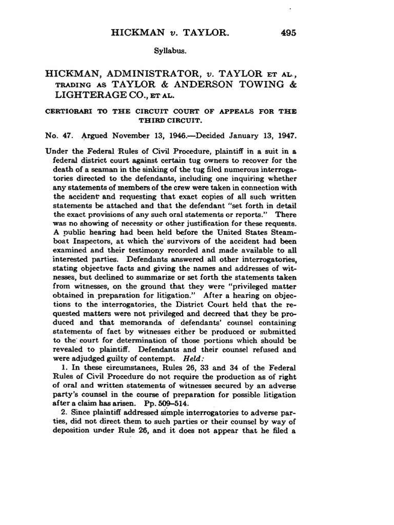 Hickman v. Taylor: Discovery Rules Case | PDF | Discovery (Law ...