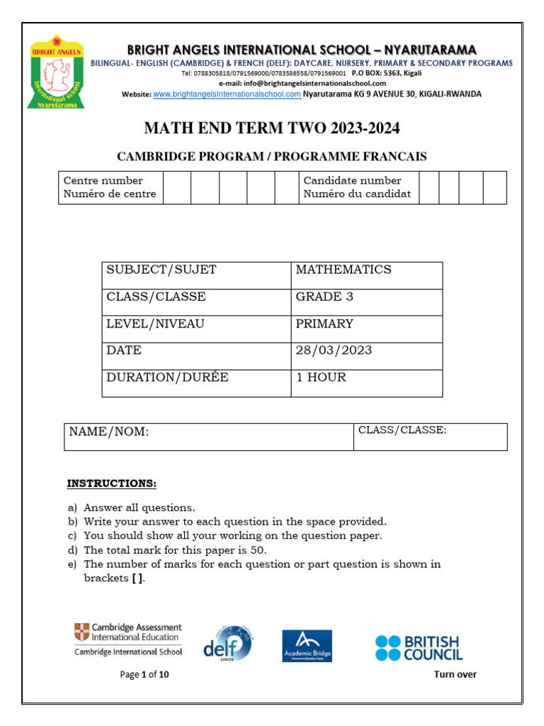 G3 Math End Term 2 2023-2024 | PDF | Shape | Elementary Geometry