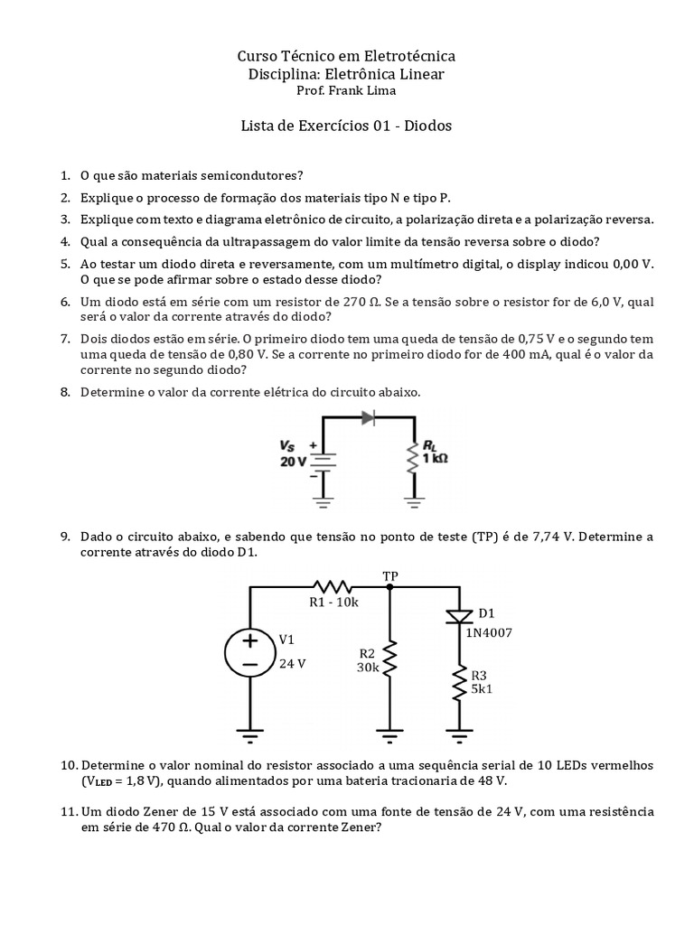 Eletronica Analogica Lista de Exercicios 01 Diodos | PDF