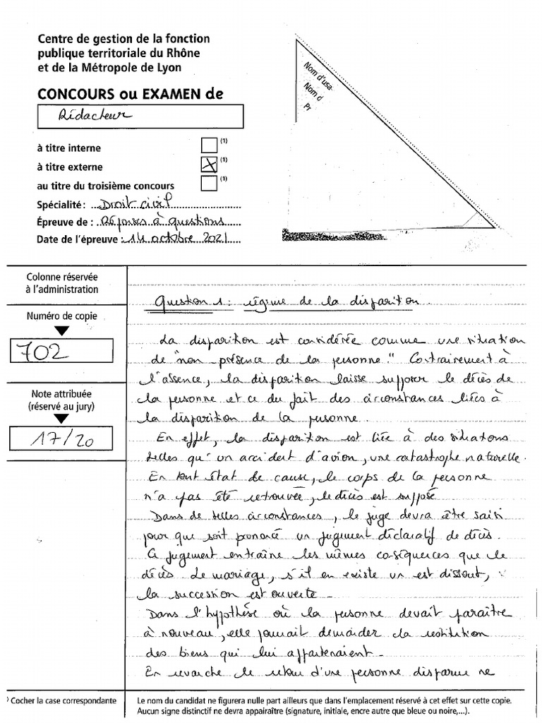 Bonne Copie Concours Externe Redacteur 2021 Questions Droit Civil | PDF