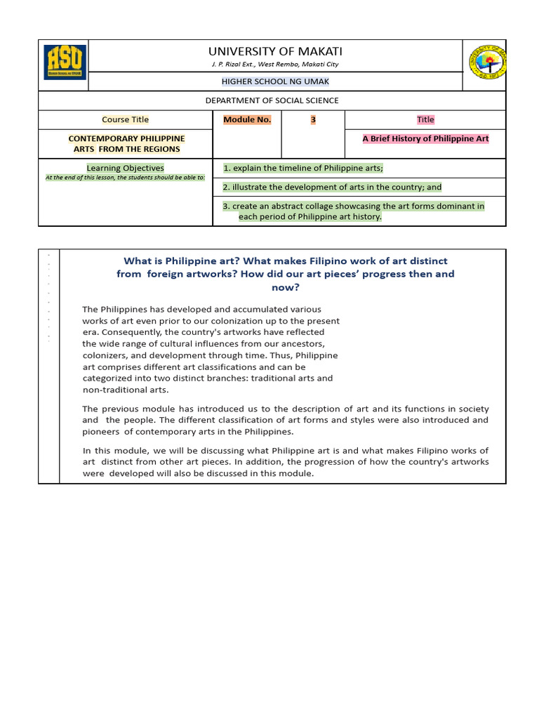 MODULE 3-A BRIEF HISTORY OF PHILIPPINES ART (Final) | PDF | Experience | Perception