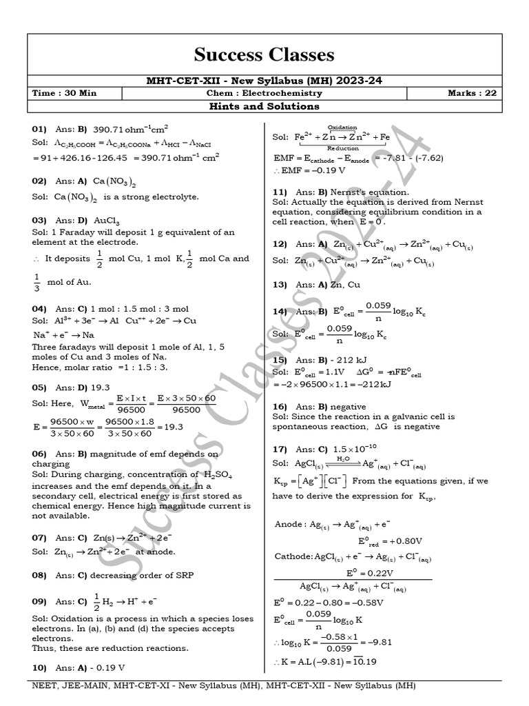 Cet Home Practice Electrochemistry Sol | PDF | Redox | Electrochemistry