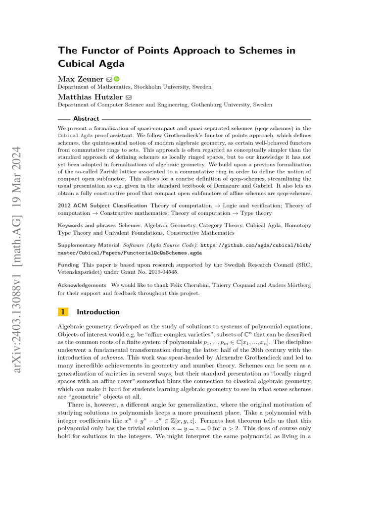 The Functor of Points Approach To Schemes in Cubical Agda Max Zeuner ...