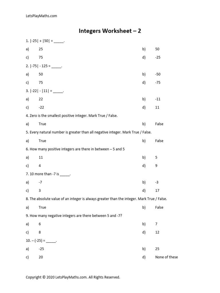 Class 6 Integers Worksheet 2 | PDF | Integer | Numbers