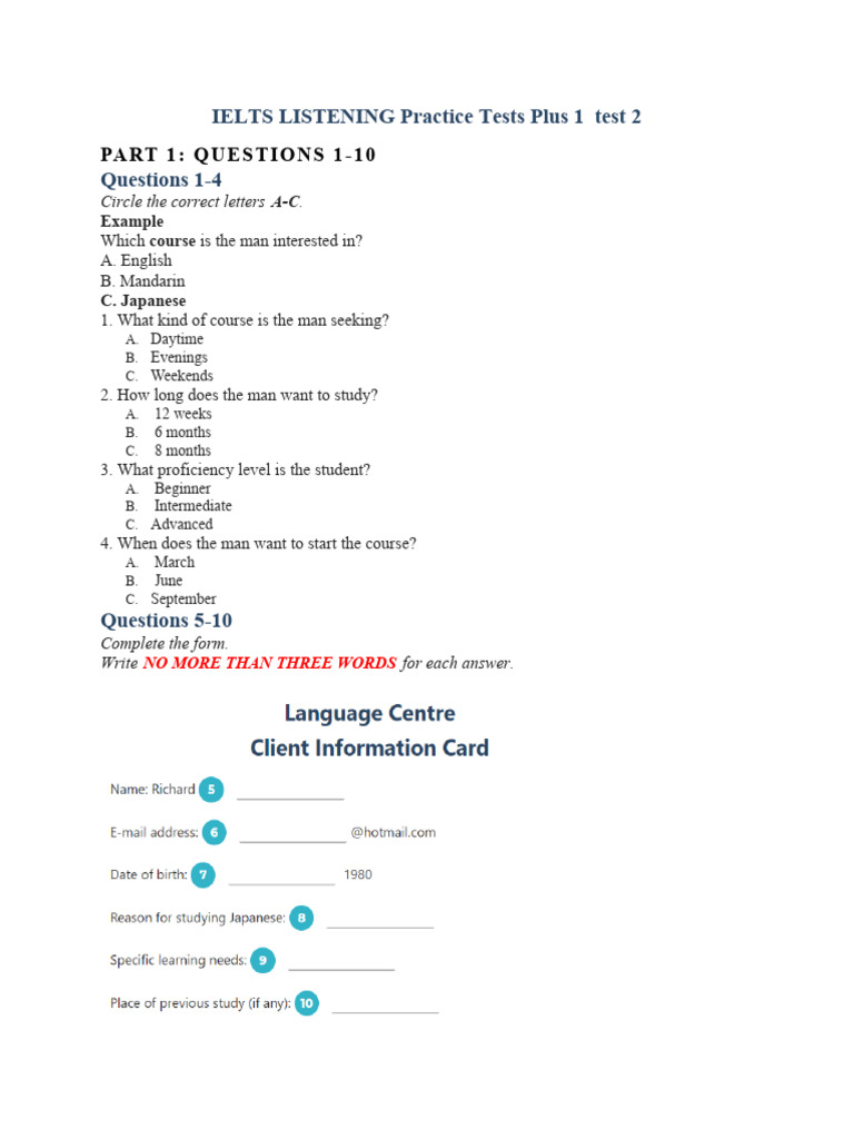 IELTS LISTENING Practice Tests Plus 1 Test 2 | PDF | Human ...