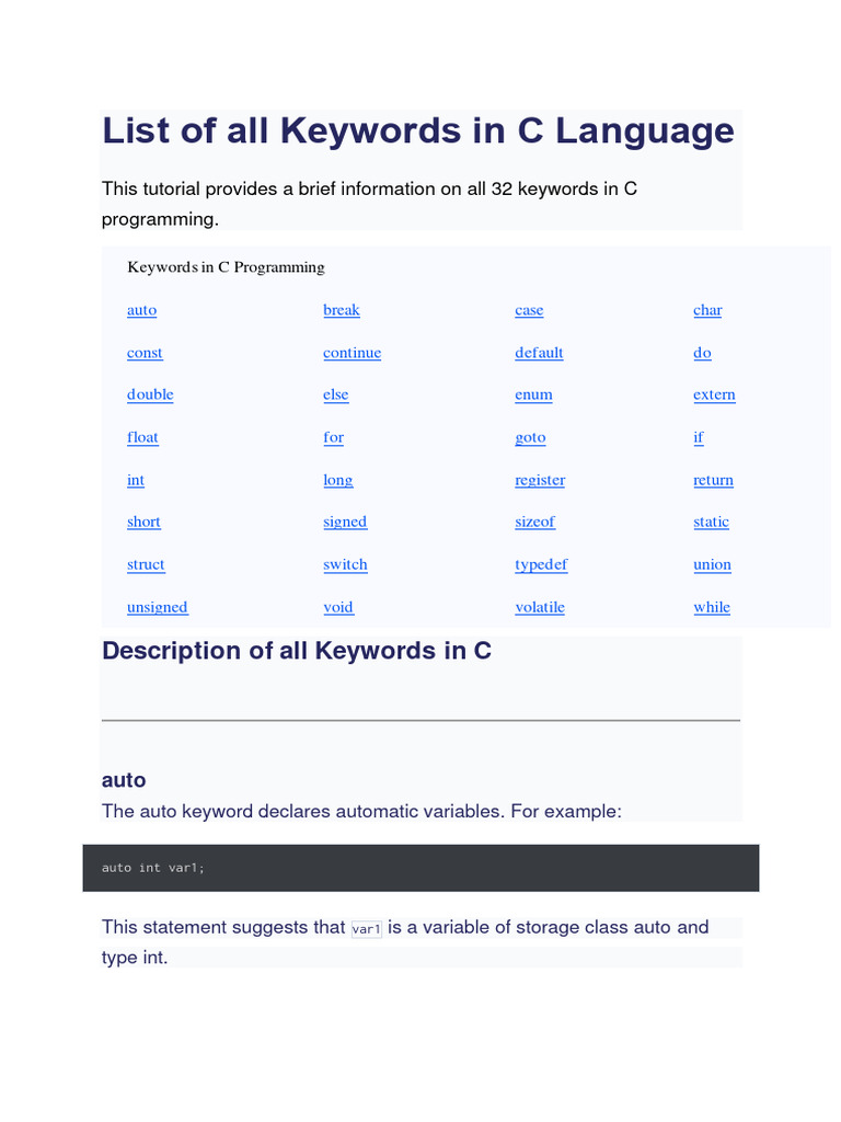 List of All Keywords in C Language | PDF | Computer Programming | C++