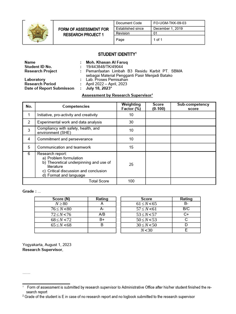 Research Project Assessment Form | PDF | Science | Methodology