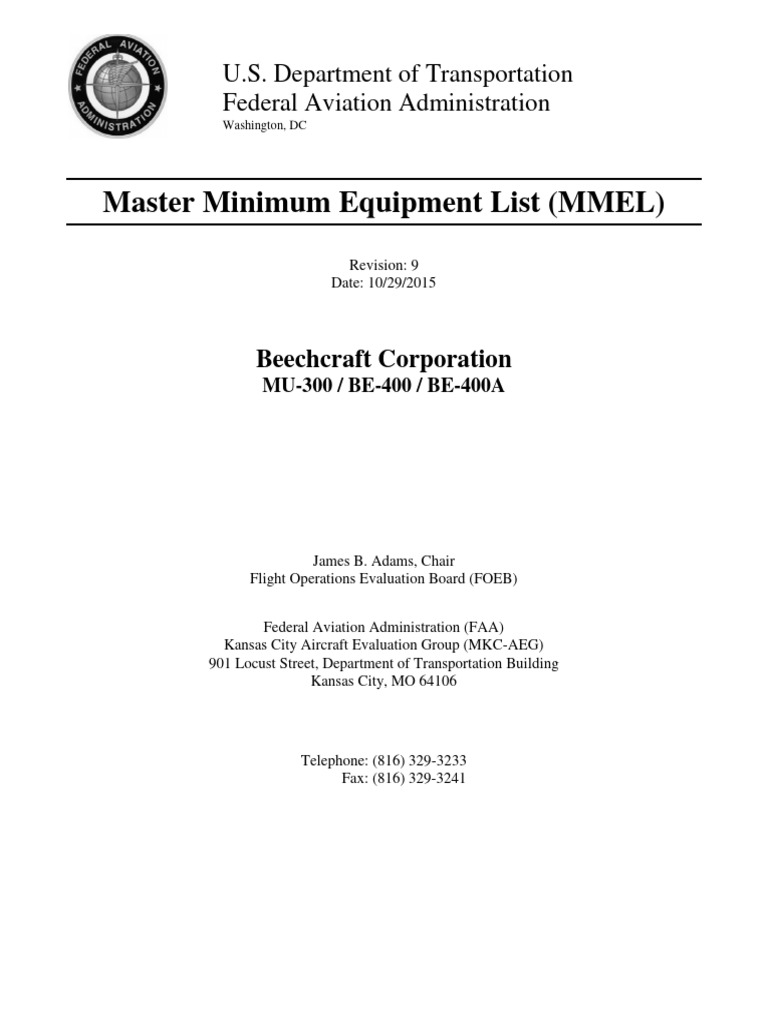 Beechcraft MU-300/BE-400 MMEL Revision 9 | PDF | Aviation | Aviation Safety