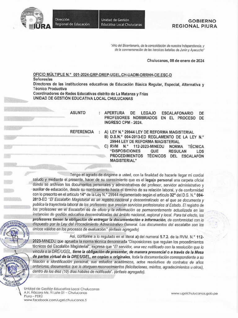 Apertura de Legajo Escalafonario Nombrados Ugel Chulucanas | PDF