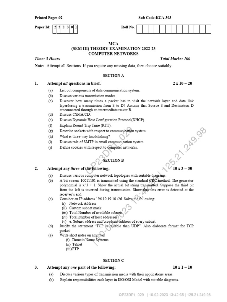 Mca 3 Sem Computer Networks Kca 303 2023 | Download Free PDF | Internet Protocol Suite ...