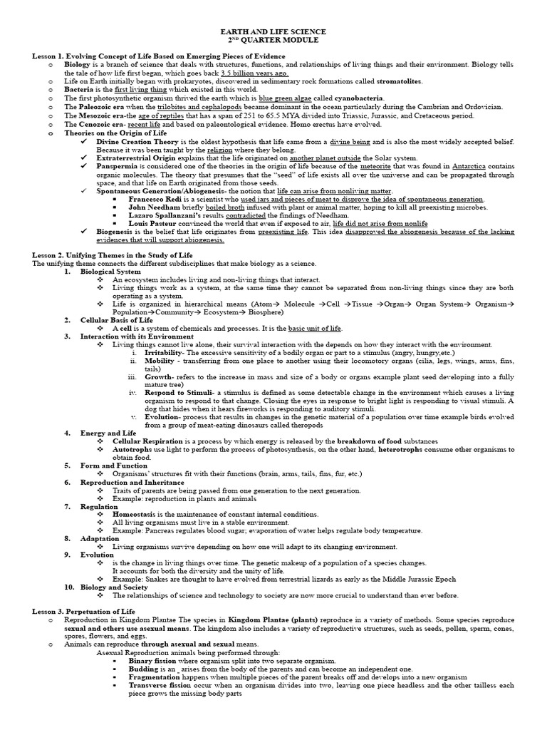 Earth and Life Science Handouts | PDF | Reproduction | Human Body