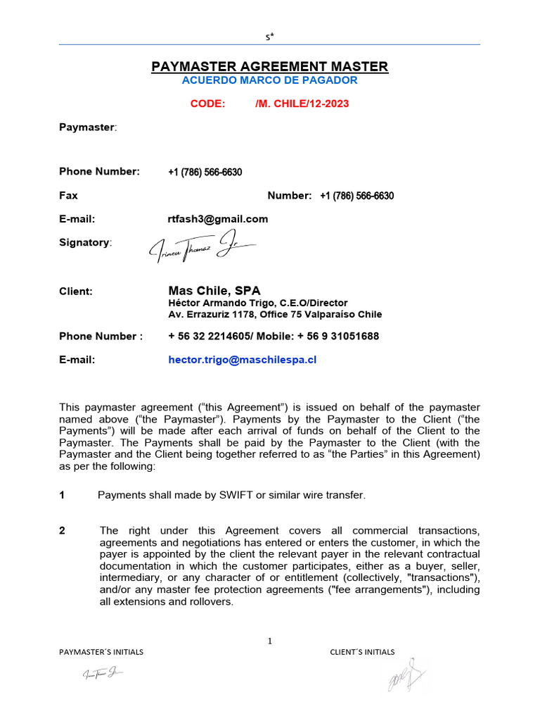 01 Paymaster Agreement Master M.chile.07.12.2023 HT | PDF | Payments ...