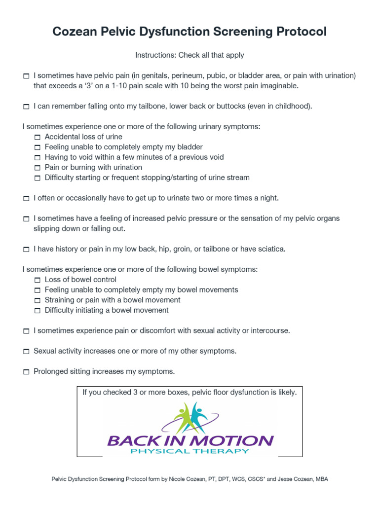 Cozean Pelvic Dysfunction Screening Protocol | PDF