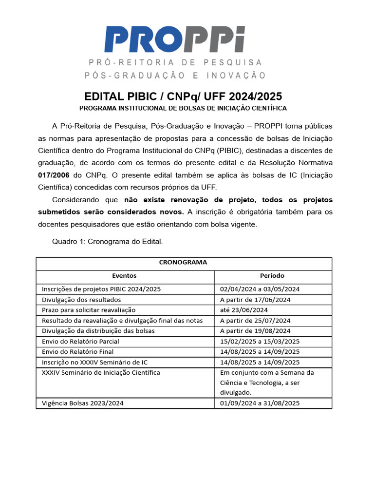 Edital PIBIC 2024 - 2025 - Versão Final | PDF | Pós-graduação | Science