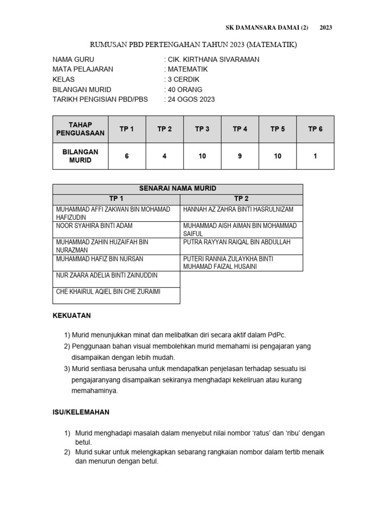 Borang Rumusan M3 PBD - 2023 | PDF
