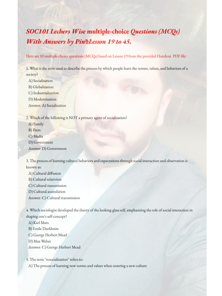 SOC101 Lechers Wise Multiple-Choice Questions (MCQS) With Answers by ...