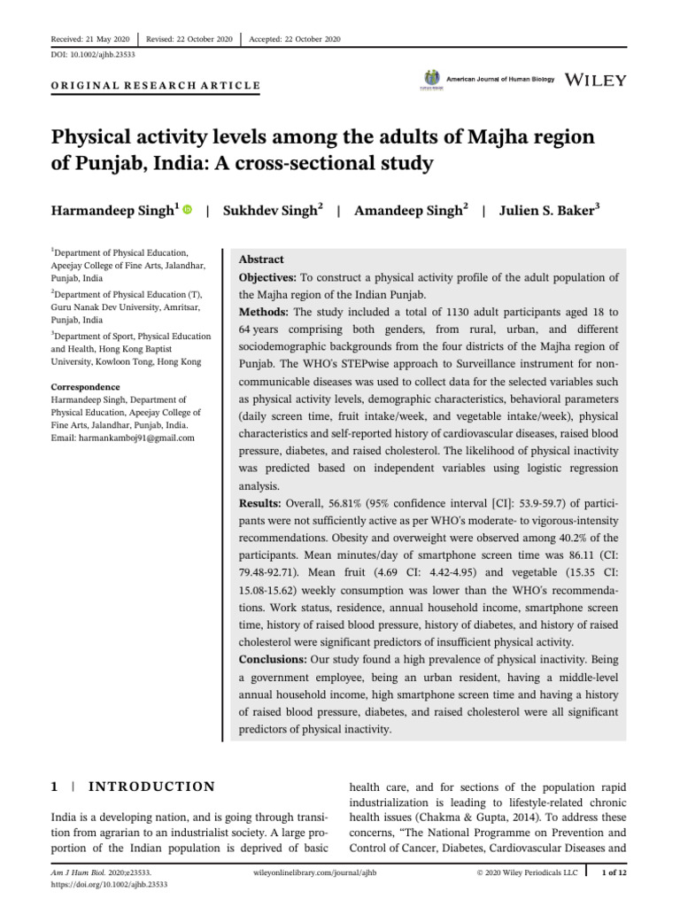 Physical Activity Levels Among The Adults of Majha Region of Punjab ...